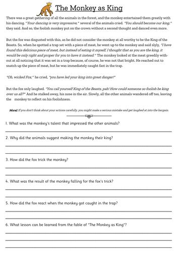 Fables Reading Comprehension C | Teaching Resources