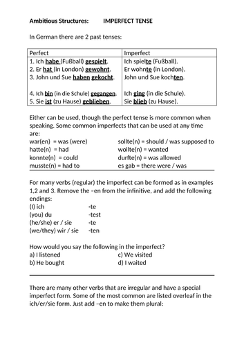 German imperfect tense rules and tasks | Teaching Resources