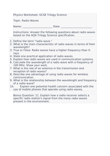 The Electromagnetic Spectrum Complete Worksheet Pack for AQA GCSE ...