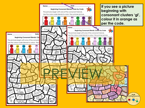 Consonant Beginning Blends Clusters Phonics Worksheet Summer | Teaching ...