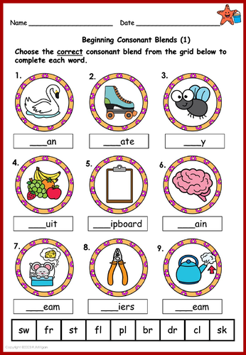 Consonant Beginning Blends Clusters Phonics Worksheet Summer | Teaching ...