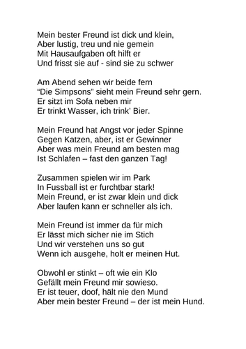 German poem about a best friend activity. Mein bester Freund ...
