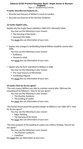 Anglo Saxons, Unit 2- practice questions worksheet for Edexcel ...