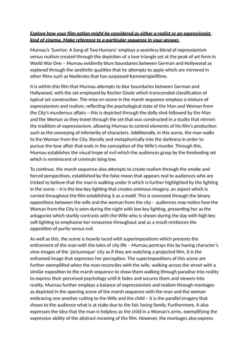 A Level Film Studies Exam Response: Sunrise | Teaching Resources