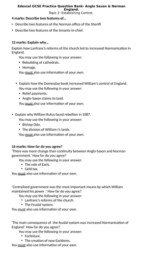 Anglo Saxons, Unit 3- practice questions worksheet for Edexcel ...