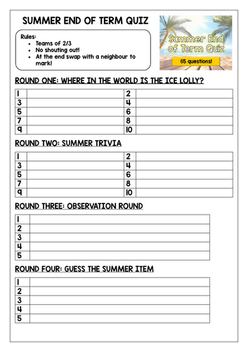 Summer End of Term Quiz | Teaching Resources