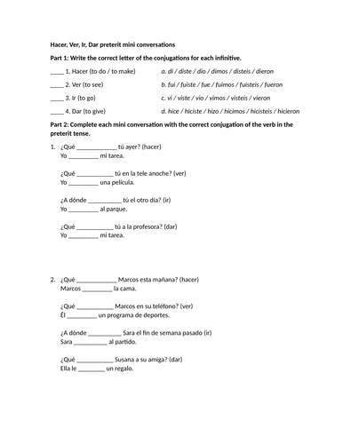 Hacer, Ver, Ir, Dar preterit mini conversations | Teaching Resources