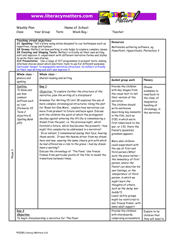 Back to School The Piano by Aidan Gibbons Year 6 Literacy Planning ...
