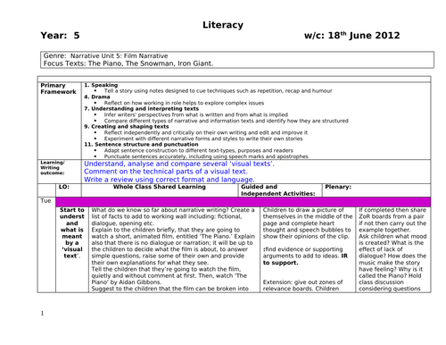 Back to School The Piano by Aidan Gibbons Year 6 Literacy Planning ...