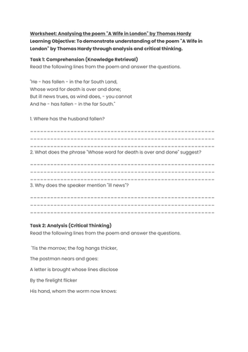 A Wife in London Thomas Hardy Worksheet | Teaching Resources