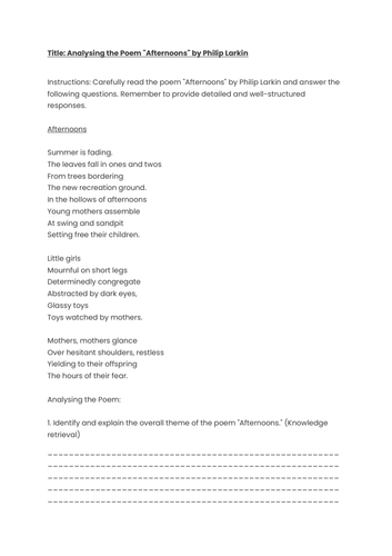 Analysing the Poem "Afternoons" by Philip Larkin Worksheet | Teaching ...