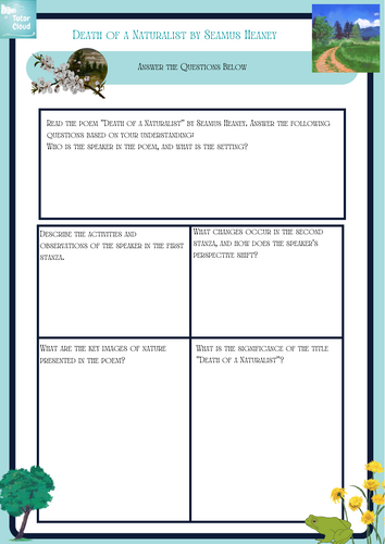 Death of a Naturalist by Seamus Heaney Worksheet | Teaching Resources