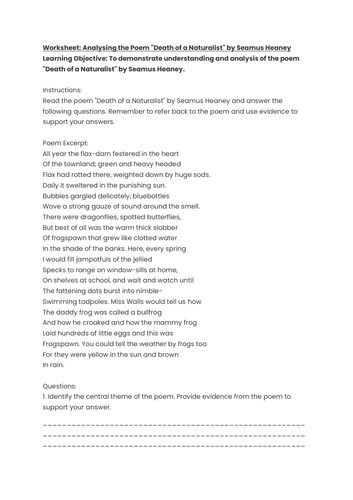 Analysing the Poem "Death of a Naturalist" by Seamus Heaney worksheet ...