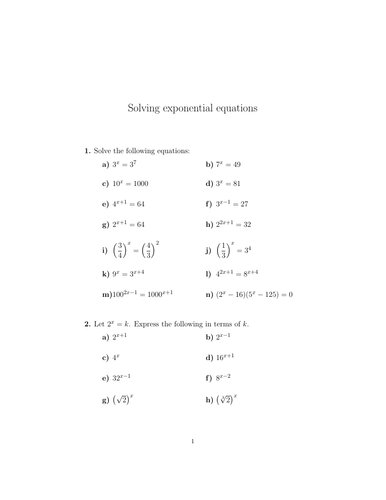 Solving Exponential Equations Worksheet No 2 (with solutions ...