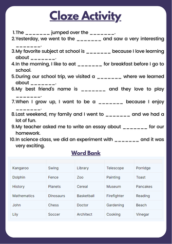 100 Cloze Sentences For Year Three - Models For Teachers | Teaching ...
