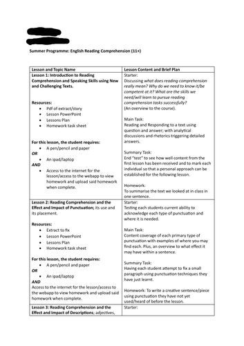 16 Week Lesson Plan Outlines for 11+ Reading Comprehension (no class ...