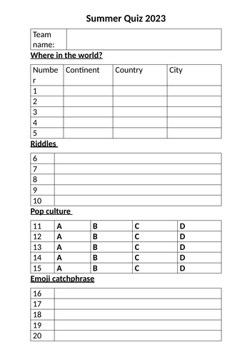 Summer Quiz 2023 | Teaching Resources