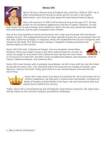 Tudor Reading Comprehensions | Teaching Resources