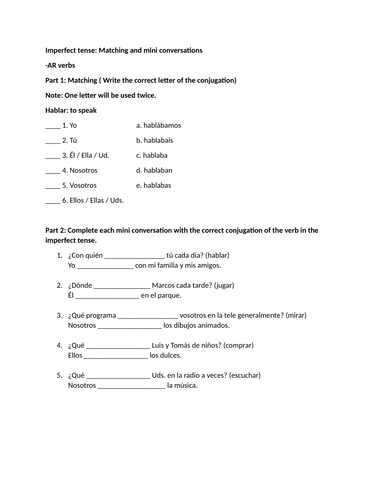 Imperfect tense: Matching and mini conversations | Teaching Resources