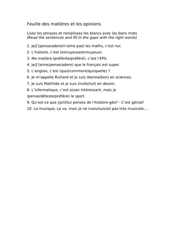 Feuille des matières et les opinions, choisis le bon mot | Teaching ...