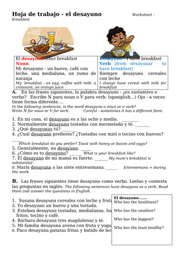 Hoja de trabajo, el desayuno | Teaching Resources