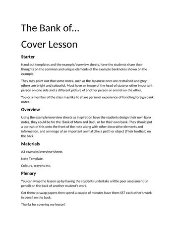 The Bank Of... Cover Lesson. | Teaching Resources