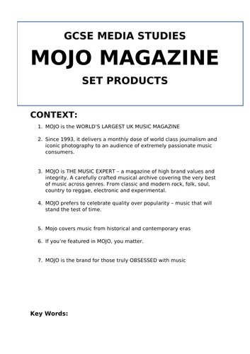 OCR GCSE SET PRODUCTS - MOJO MAGAZINE teacher PP and Student work booklet | Teaching Resources