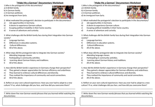 Cover worksheet on BBC doc 'Make me a German' | Teaching Resources