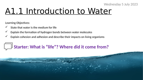 IB Biology A1.1 Water (first assessment 2025) | Teaching Resources