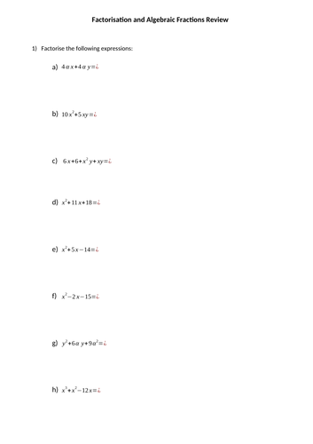 Factorisation And Algebraic Fractions Review Worksheet With Solutions Teaching Resources