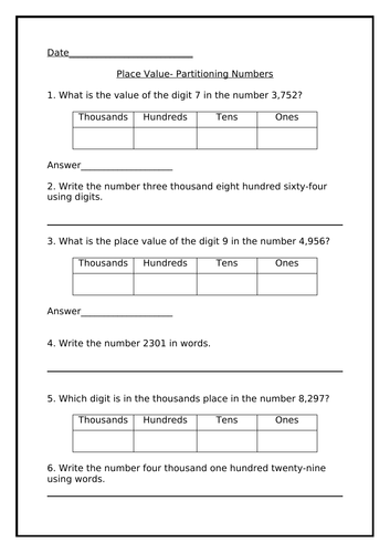 Place Value - Partitioning 4 Digit Numbers | Teaching Resources