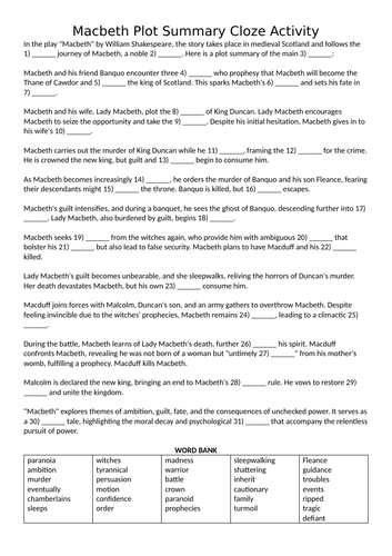 Macbeth Plot Summary Cloze exercise | Teaching Resources