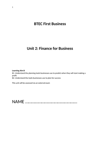 Btec First Award - Unit 2 Finance - Workbooks | Teaching Resources