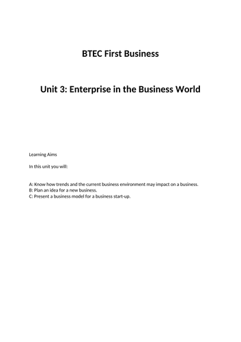 Btec First Award - Unit 3 Enterprise in the Business World - Workbook ...