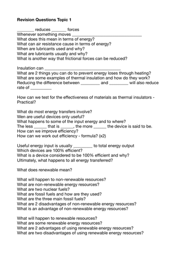 GCSE Physics Energy Revision Questions | Teaching Resources GCSE Physics Energy Revision Questions | Teaching Resources