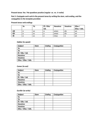 Present tense: Yes / No questions practice (regular -ar, -er, -ir verbs ...