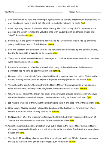 Black SA War Hero Denied a VC: Video worksheets, differentiated ...