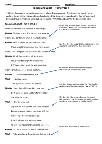 KS3 - Shakespeare Homework sheets | Teaching Resources