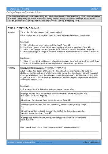 George's Marvellous Medicine - Guided Reading - Week 2 of 3 | Teaching ...