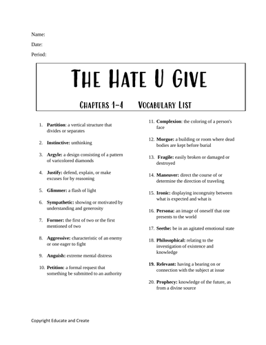 The Hate U Give Vocabulary Lists and Quizzes | Teaching Resources