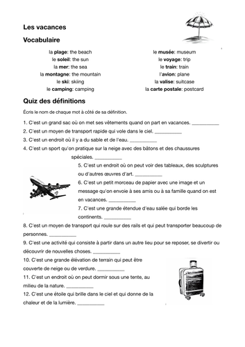 French - Holidays Worksheet (Les Vacances) | Teaching Resources