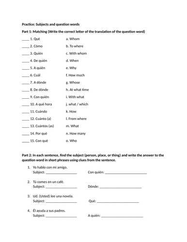Practice: Subjects and question words (Spanish) | Teaching Resources