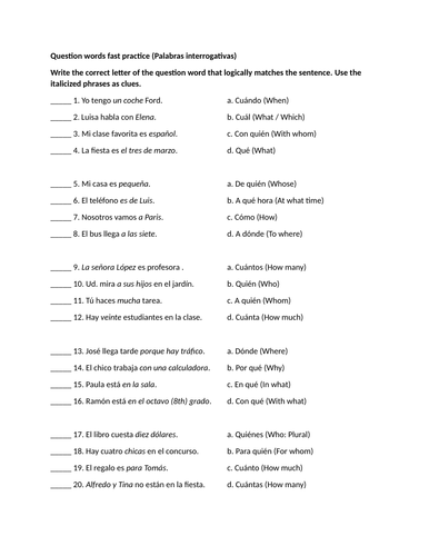 Question words fast practice (Palabras interrogativas) | Teaching Resources