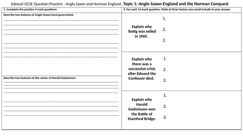 Anglo Saxons Unit 1, practice questions for Edexcel. | Teaching Resources