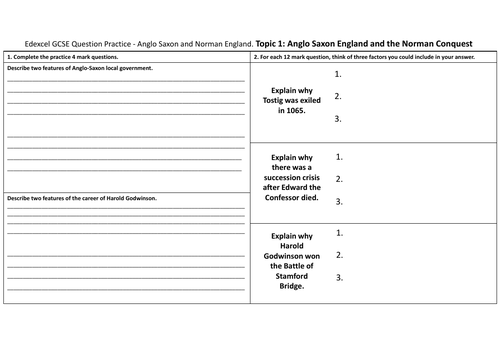 Anglo Saxons Unit 1, practice questions for Edexcel. | Teaching Resources