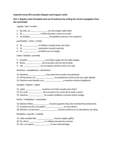 Imperfect tense fill in practice (Regular and Irregular verbs ...