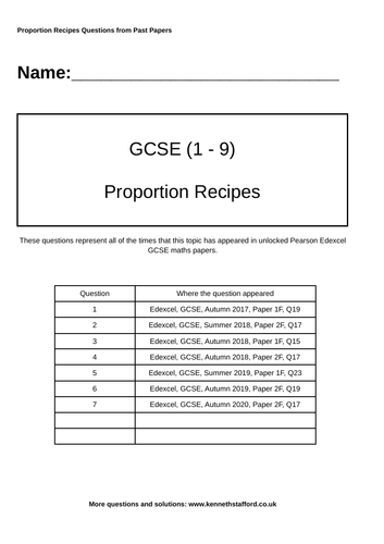 Proportion Recipes. GCSE Maths Past Paper Questions. | Teaching Resources