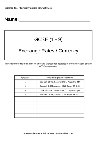 Exchange Rates. GCSE Maths Past Paper Questions. | Teaching Resources