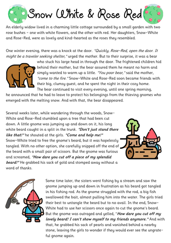 Snow White & Rose Red Reading Comprehension | Teaching Resources