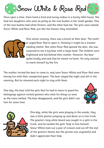Snow White & Rose Red Reading Comprehension | Teaching Resources